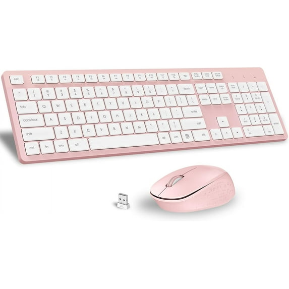 Pink Wireless Keyboard and Mouse Combo, Full-Sized Ergonomic Computer ...