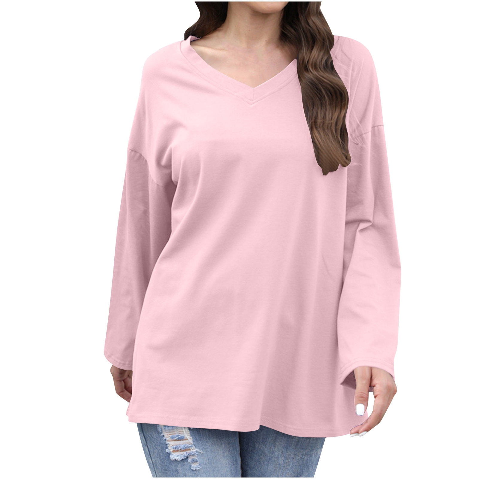 Pink Women Basic T Shirts Loose Fit Tops Tee for Women Long Sleeve Drop ...