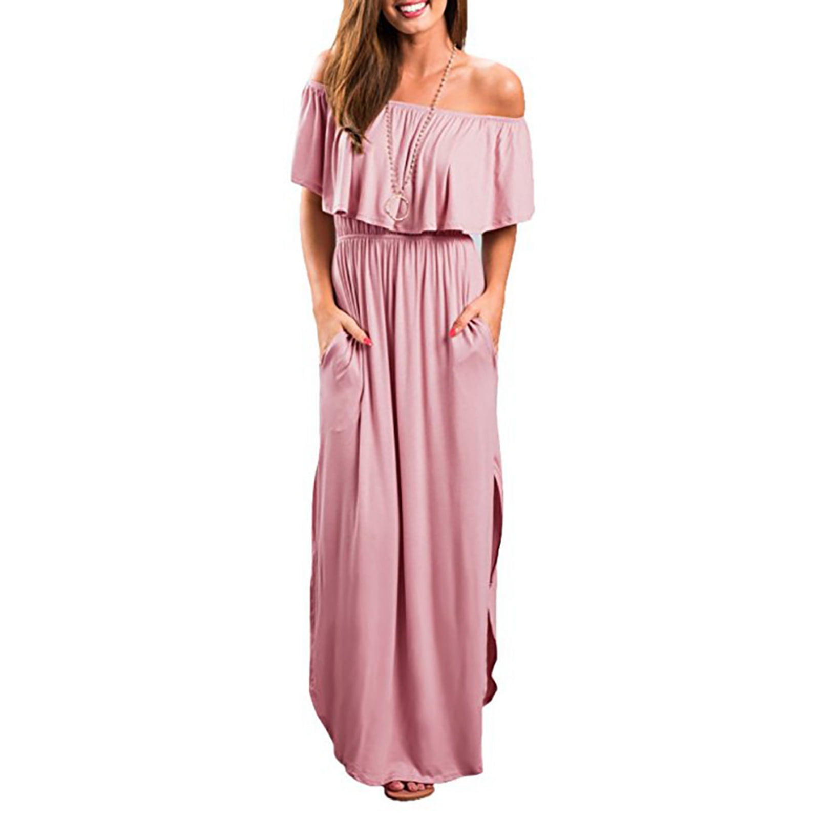 Pink Women's Off-Shoulder Long Maxi Dress with Pocket Ruffles, High ...