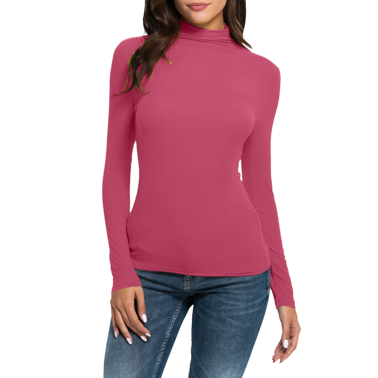 Pink Womens Blouses Women Casual Solid Long Sleeve Mock Turtleneck ...