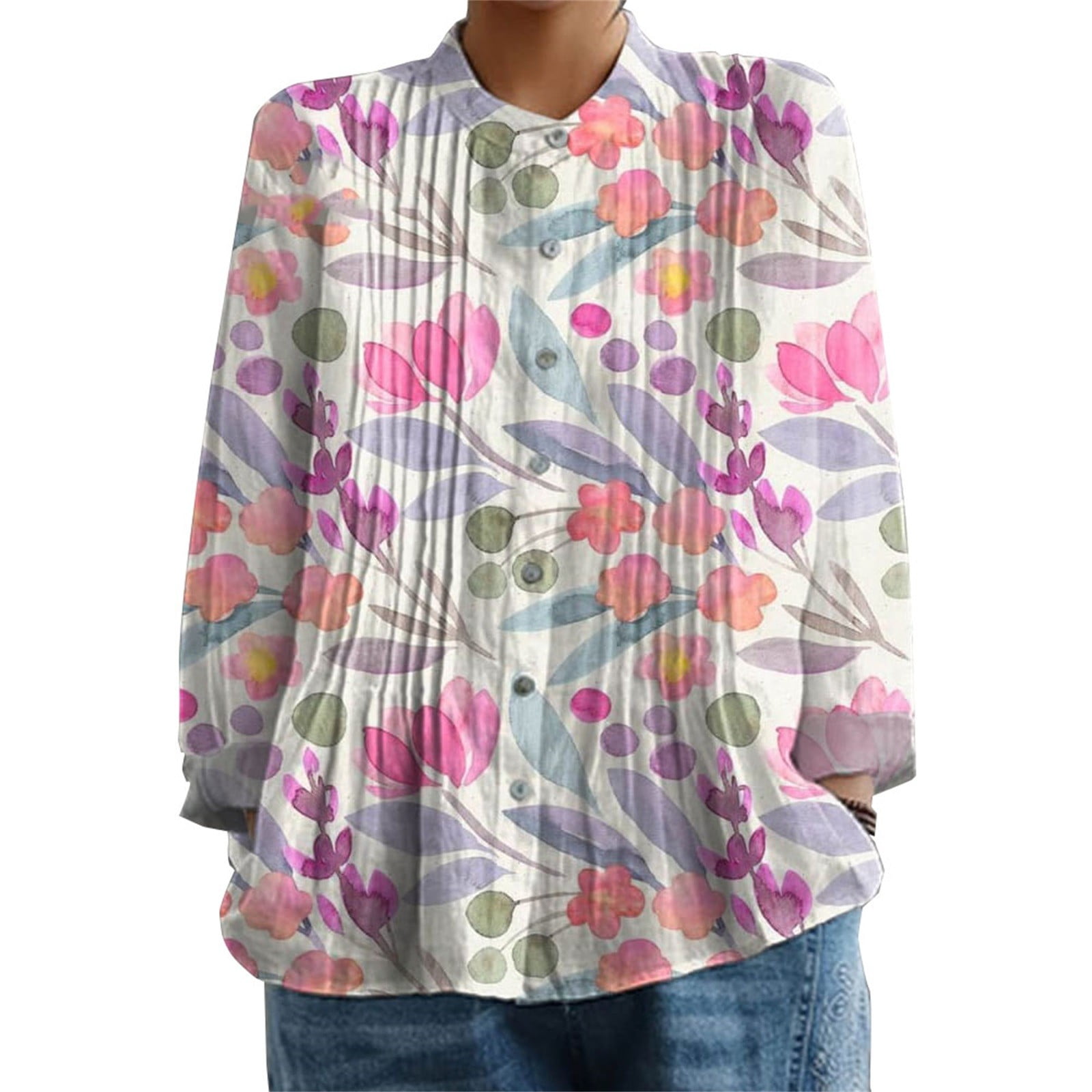 Pink Womens Blouses Women’s Pleated Shirt with Retro Front Pleats ...