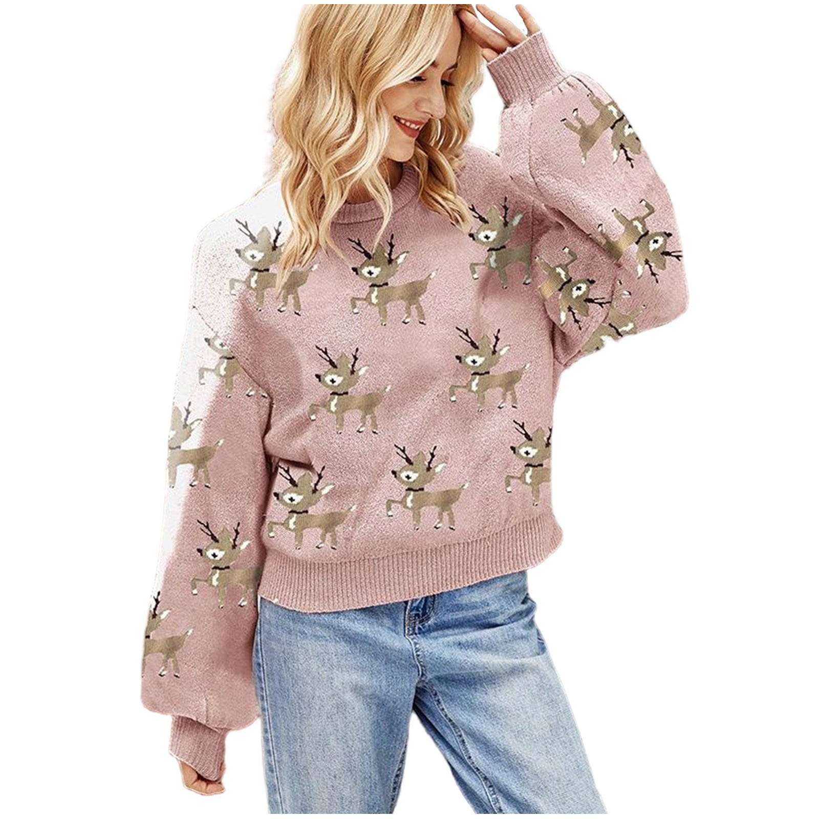 Pink Womens Embroidered Anime Print Crewneck Sweater for Women Long ...