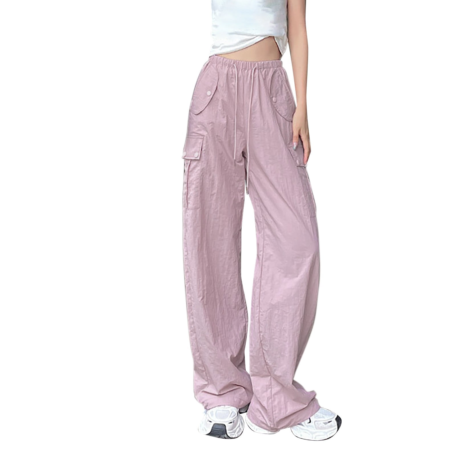 Pink Womens Joggers Cotton Drawstring Parachute Pants With 4 Pockets/Low Rise Elastic Waistband ...