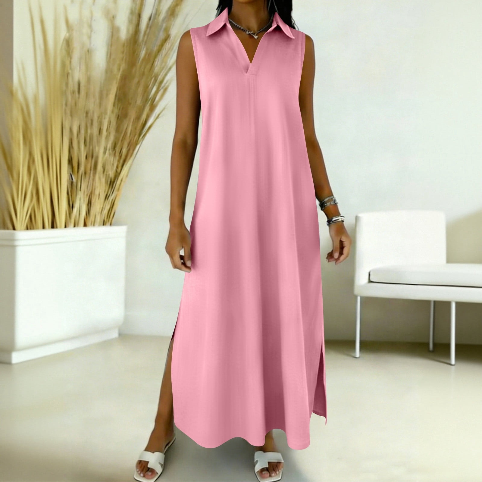 Pink Womens V Turtle Neck Lounge Dresses for Women Sleeveless Plain ...