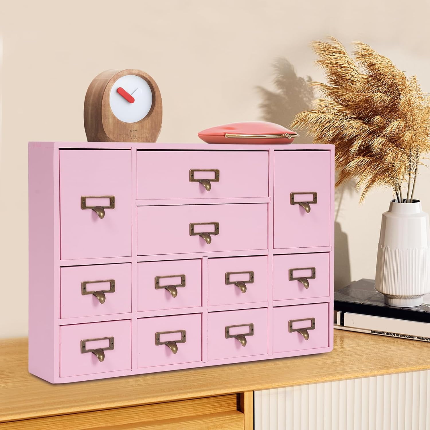 Pink Wooden Storage Box with 12 Drawers Traditional Apothecary Curio ...