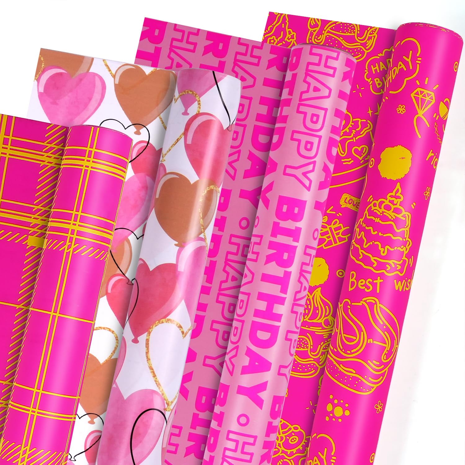 Pink Wrapping Paper Girls - 4 AIS1 Rolls Hot Pink Gold Happy Birthday ...