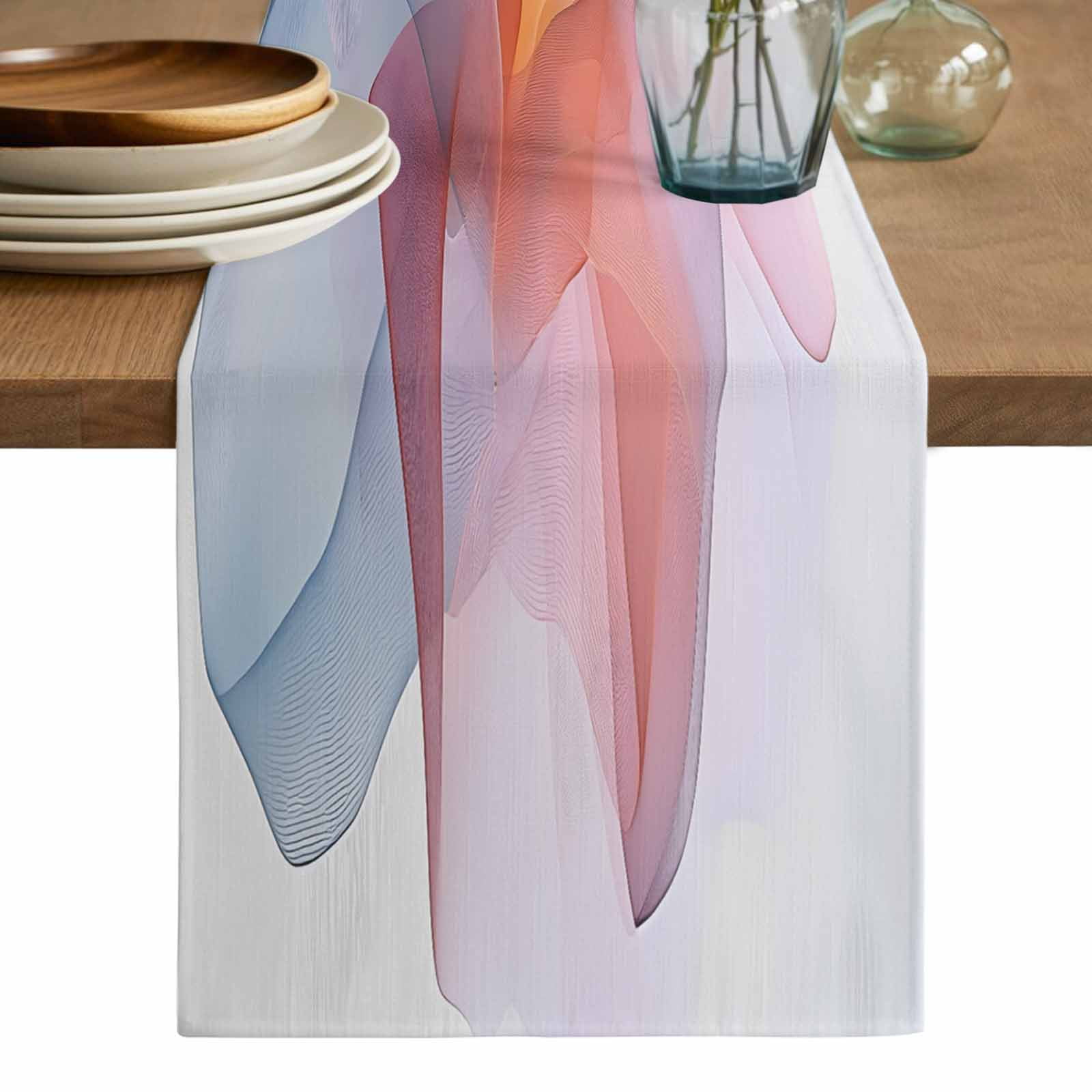 Pink Yellow Blue Abstract Table Runner, Modern Art Wave Washable Cotton ...