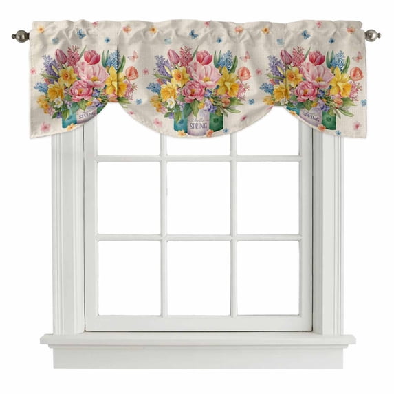 Pink Yellow Floral Tie Up Valance Curtains Watercolor Spring Pink ...