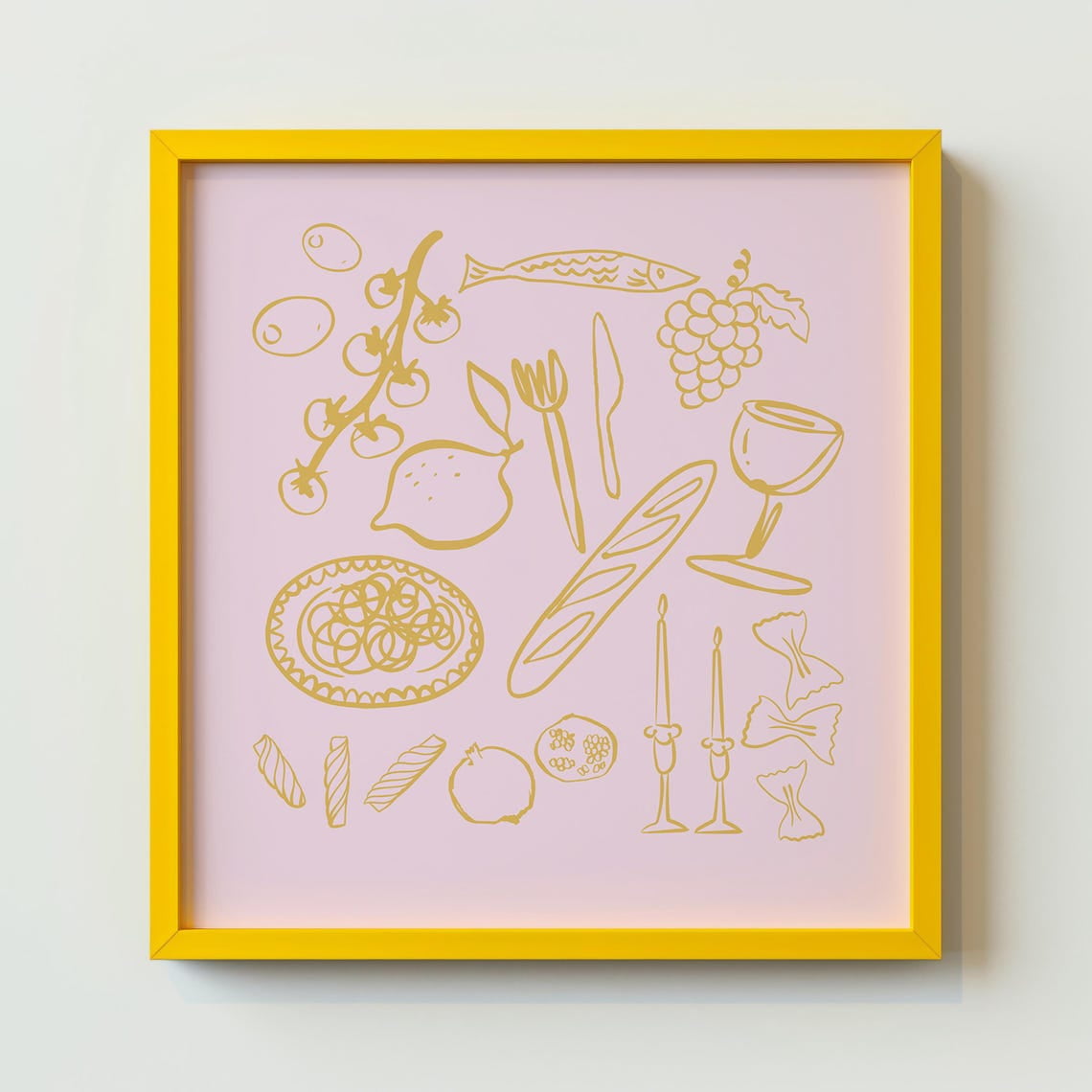 Pink Yellow Italian Dinner Square Doodle Line Illustration Print, Art ...
