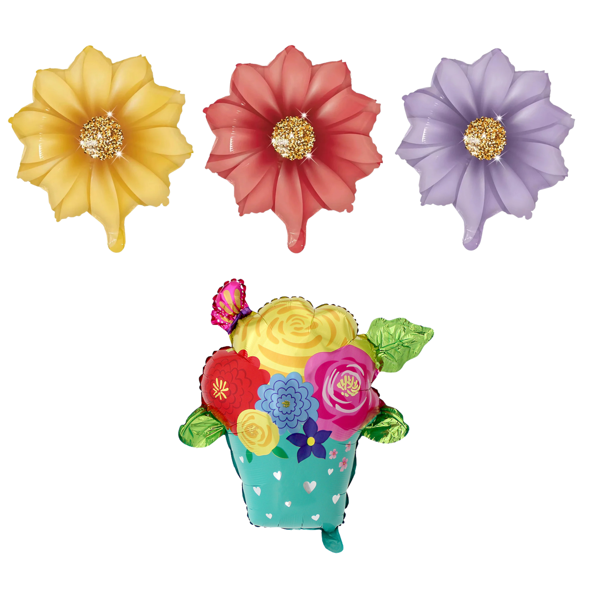 Pink, Yellow, Purple Flower Balloons with Bouquet – Floral Balloon Set ...
