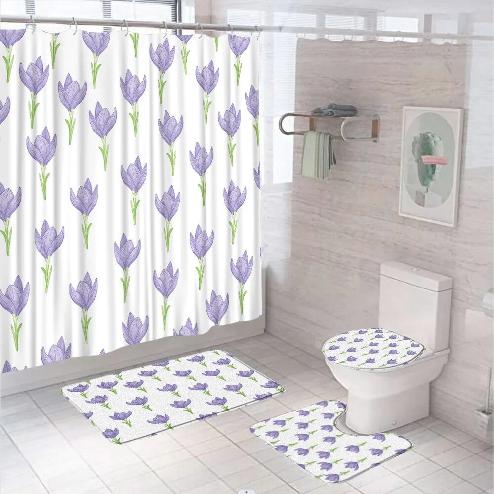 Pink Yellow Rose Flower Bathroom Set Shower Curtain Rug Bath Mat Lid ...