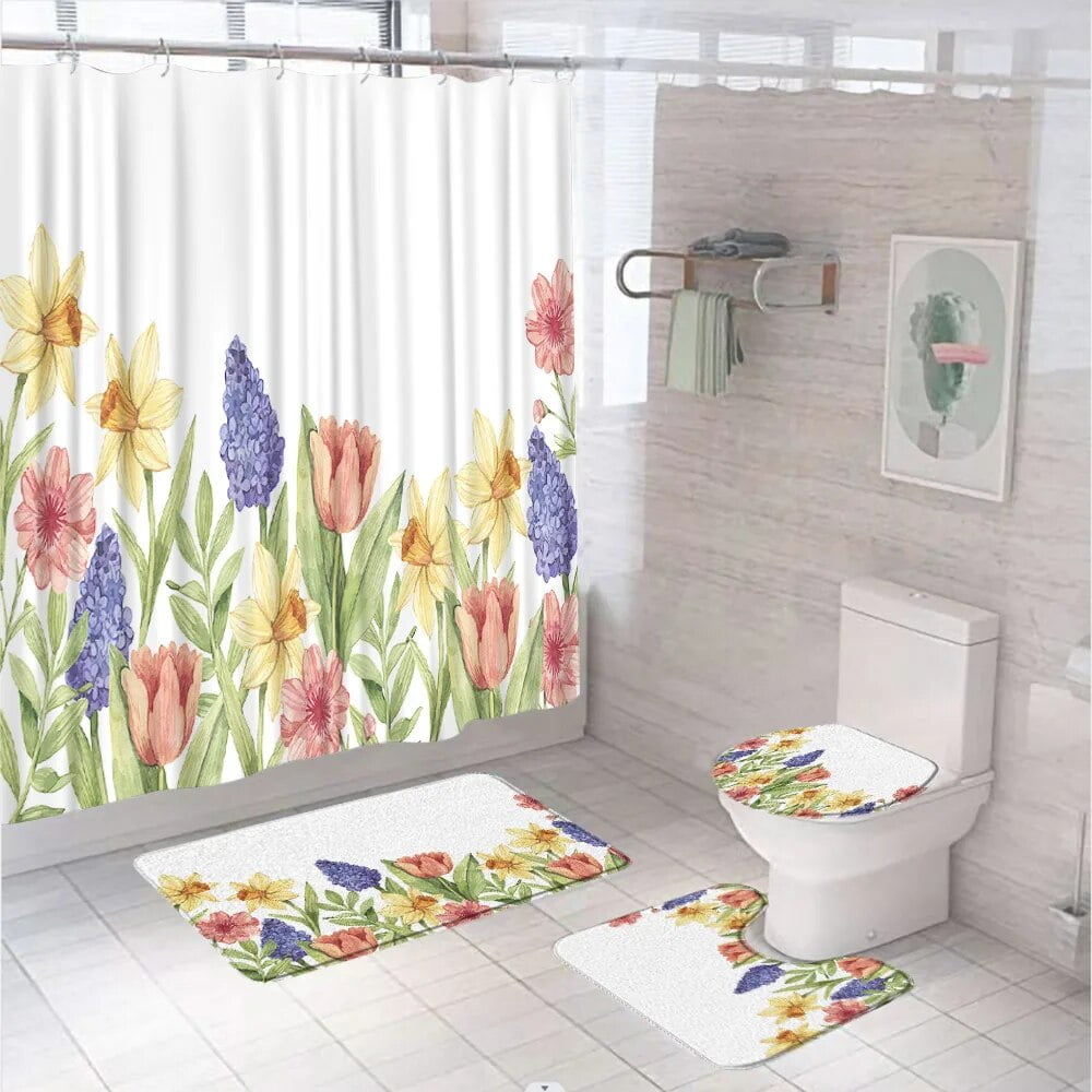 Pink Yellow Rose Flower Bathroom Set Shower Curtain Rug Bath Mat Lid ...