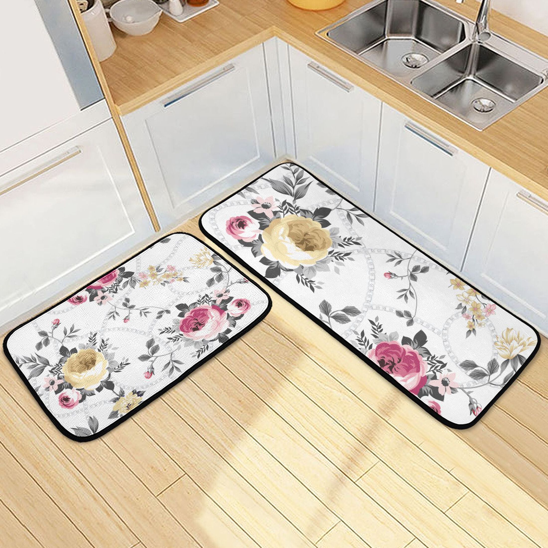 Pink and Yellow Roses Flowers Kitchen Mats Set 2 Piece Non Slip Floor ...