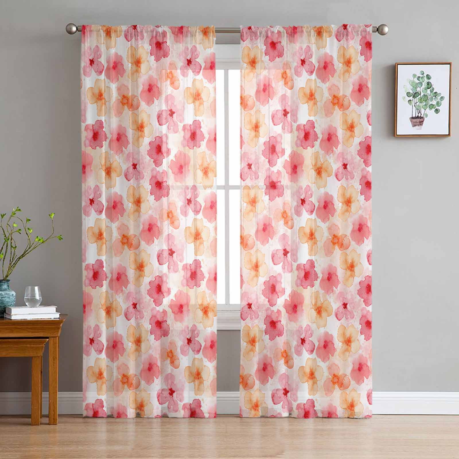 Pink Yellow Watercolor Floral Texture Triangle Tulle Sheer Curtains For ...