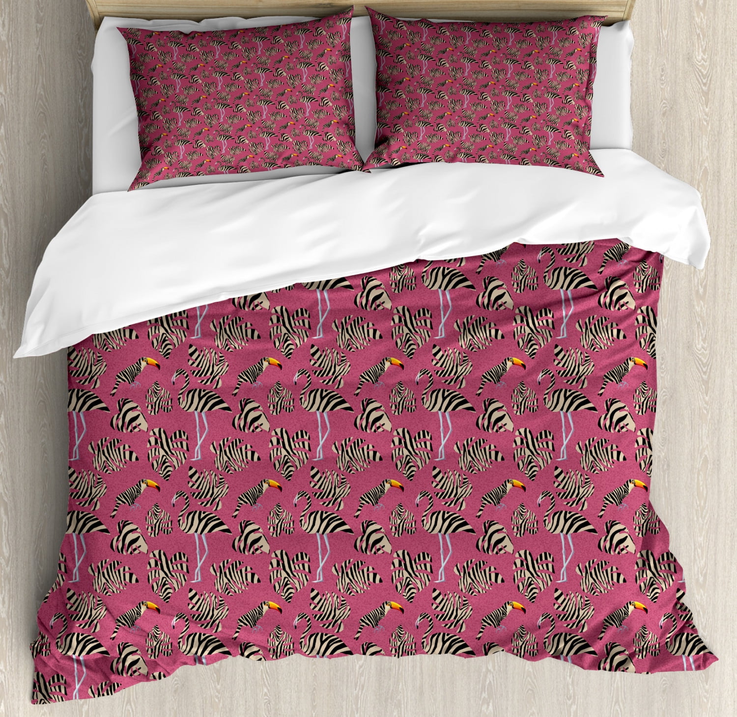 Pink Zebra King Size Duvet Cover Set, Flamingos Toucans Large Tropical ...