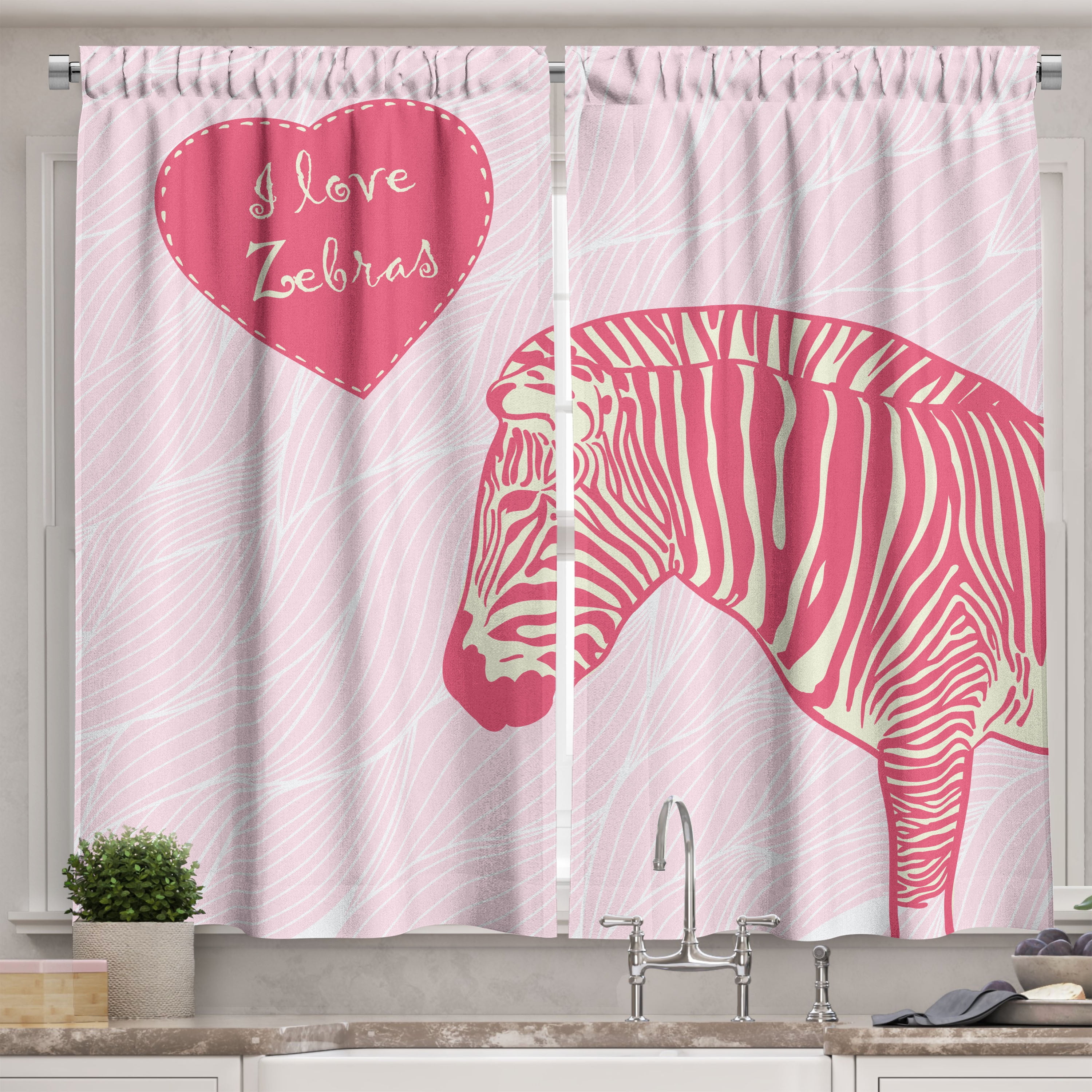Pink Zebra Kitchen Curtains, I Love Zebras in Heart Romantic Wilderness ...