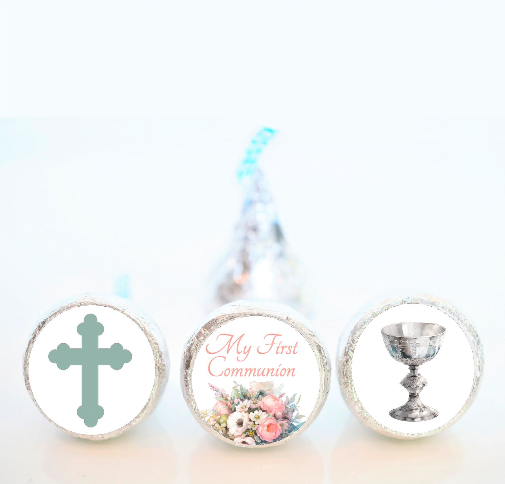 Pink and Blue Floral First Communion Theme Chocolate Candy Stickers ...