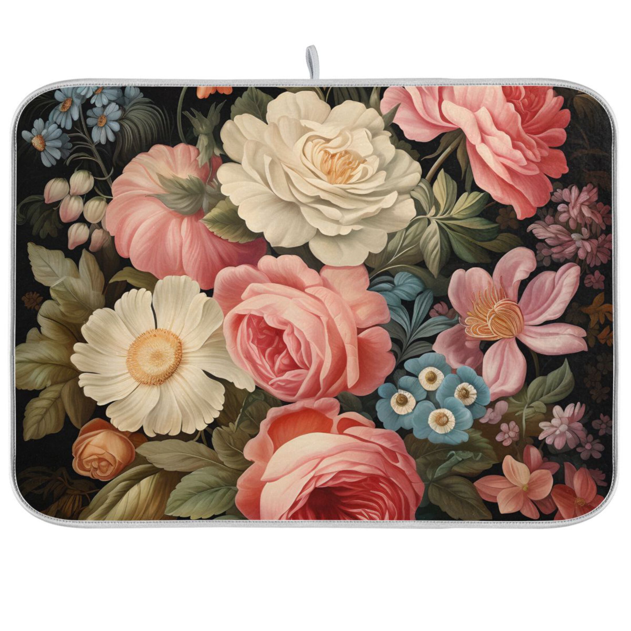 Pink and Blue Flowers Roses Dish Drying Mat Microfiber Kitchen Mats ...
