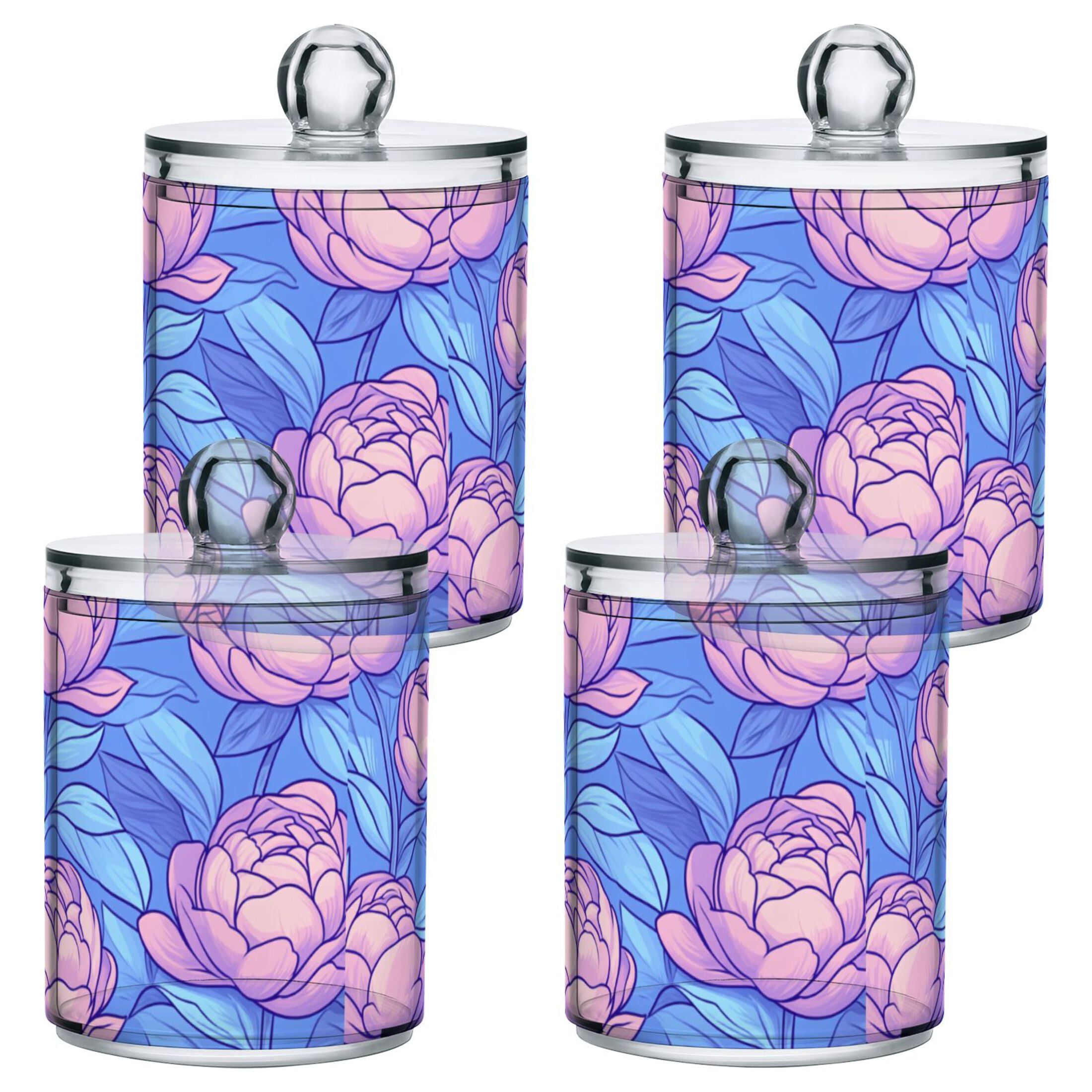 Pink and Blue Peonies Bathroom Canisters Set of 4 Translucent Plastic Storage for Cotton Pads ...