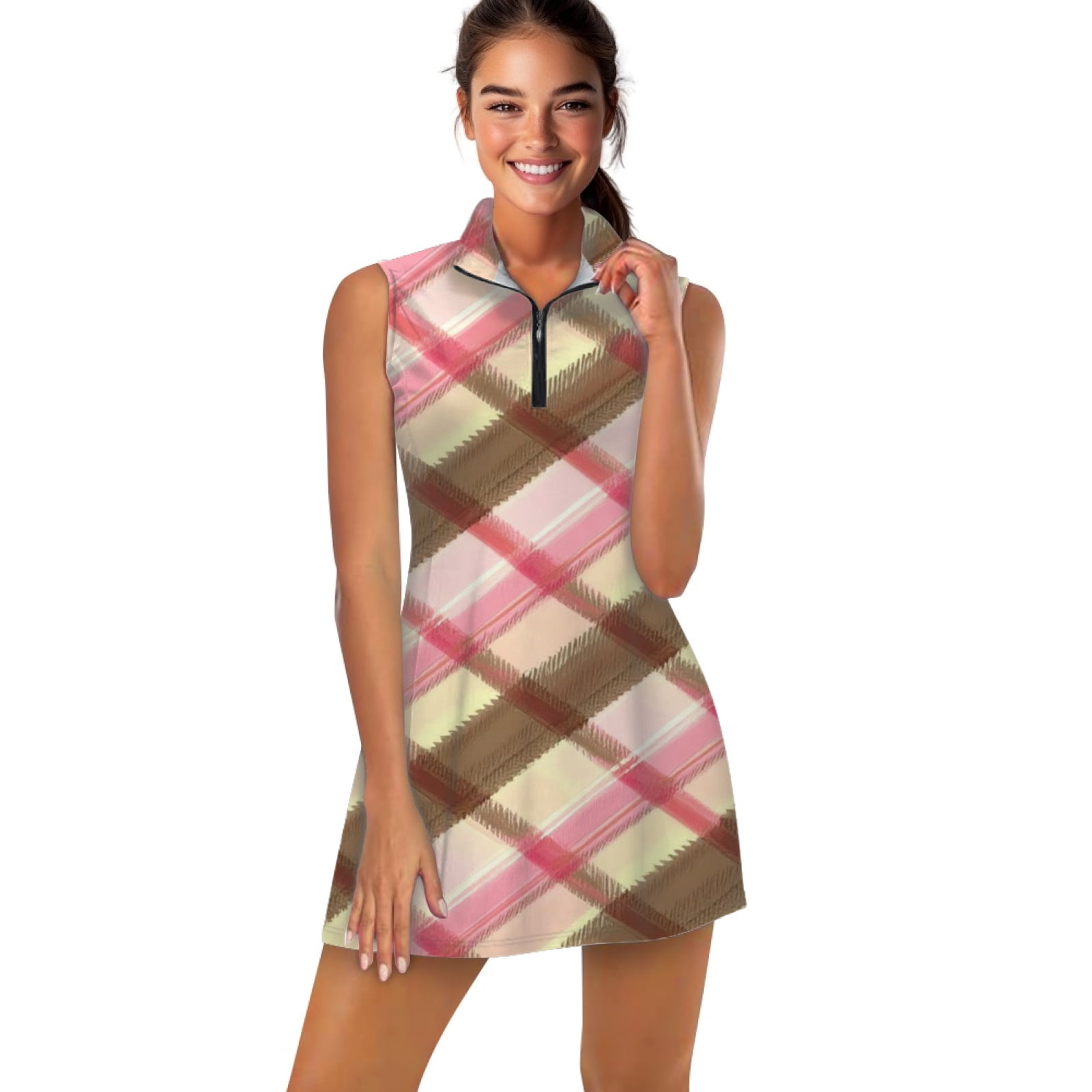 Pink and Brown Plaid Pattern Sports Dresses Women Tennis Dress Outdoor ...
