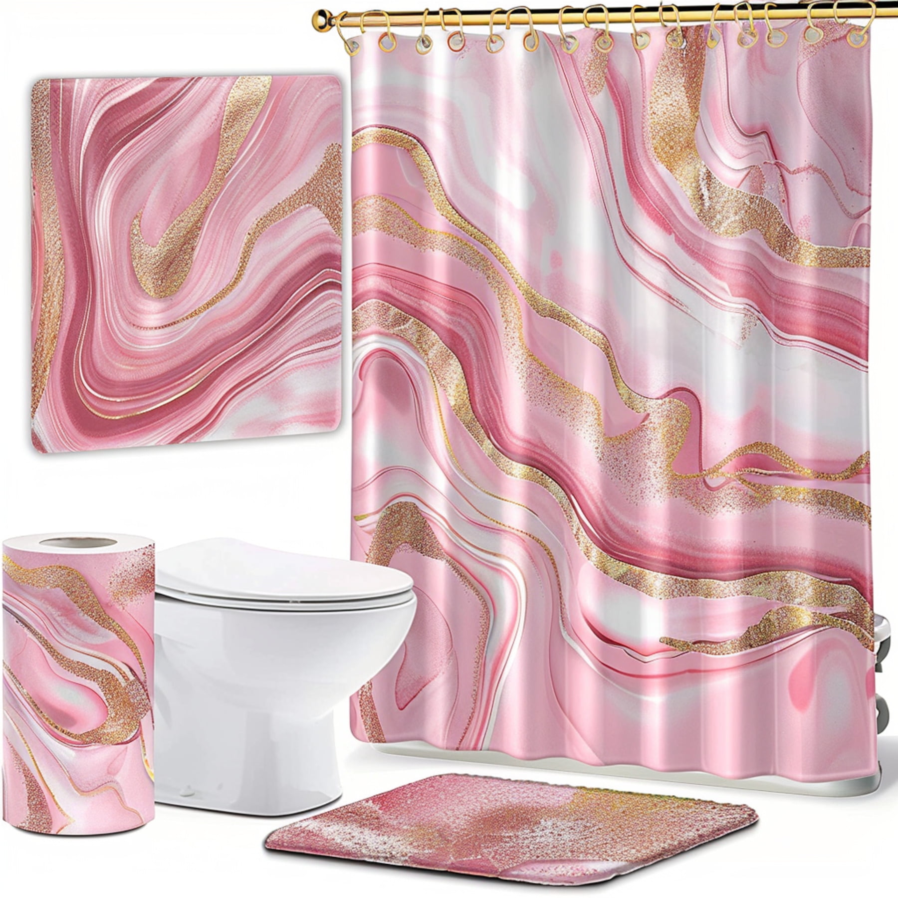 Pink and Gold Marble Bathroom Decor Set with Shower Curtain Elegant and ...