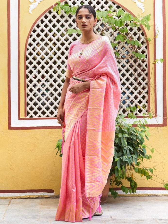 Pink and Gold Polka Dot Saree | Bollywood Saree | Saree With Unstitched ...