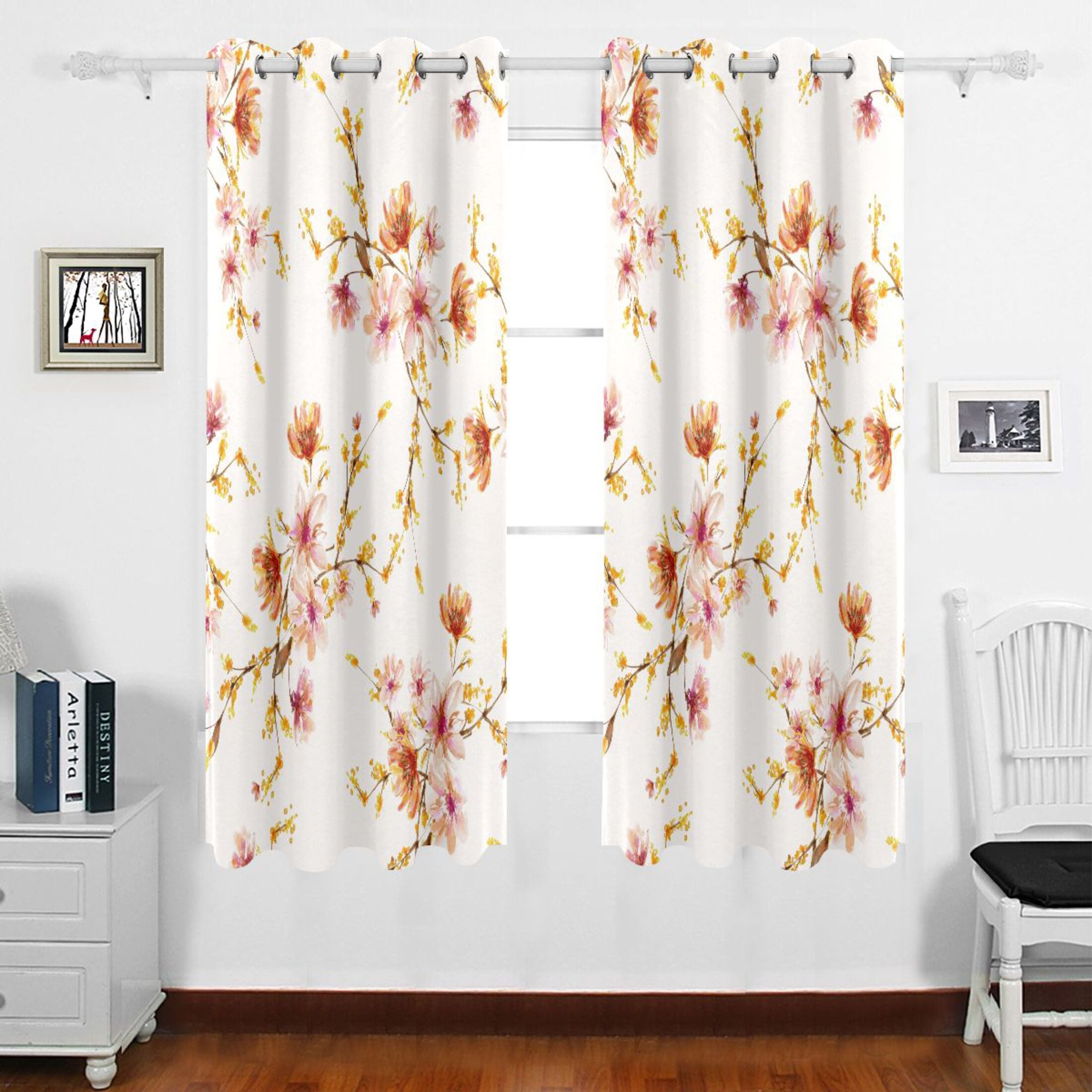 Pink and Golden Floral Grommet Blackout Curtains Thermal Insulated ...