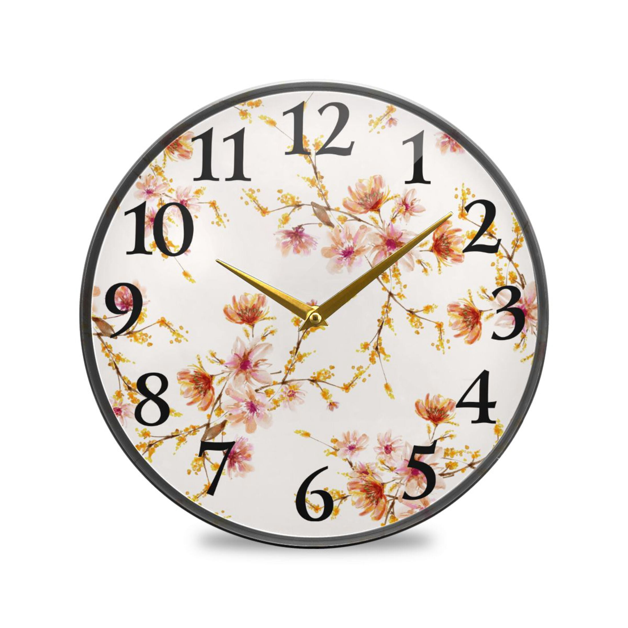 Pink and Golden Floral Wall Clocks Battery Operated 9.5 Inch Round ...