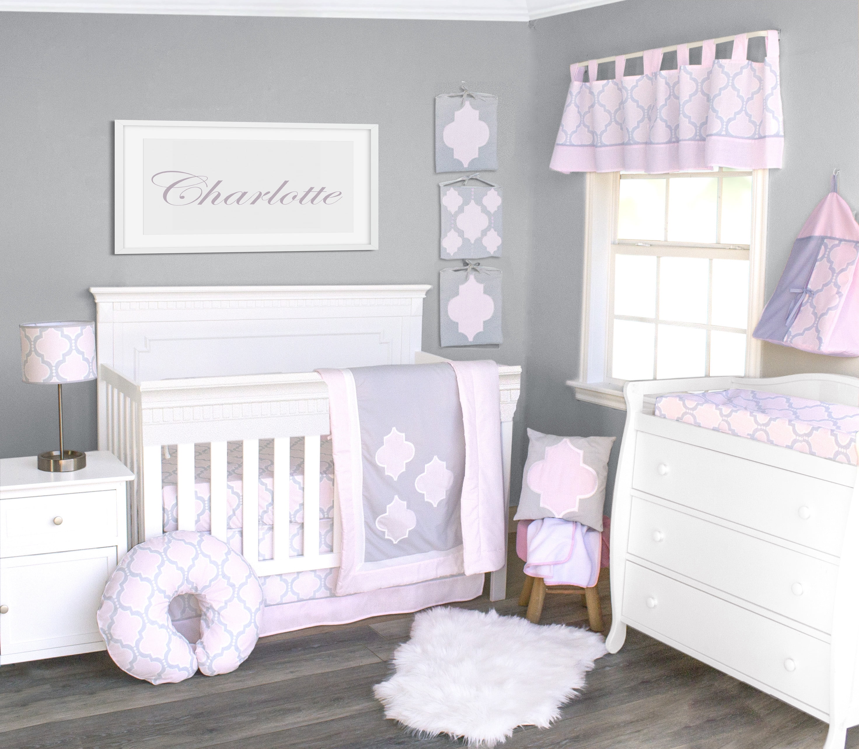 Pink and Gray Medallion 12 Piece Baby Crib Bedding Set by Pam Grace ...