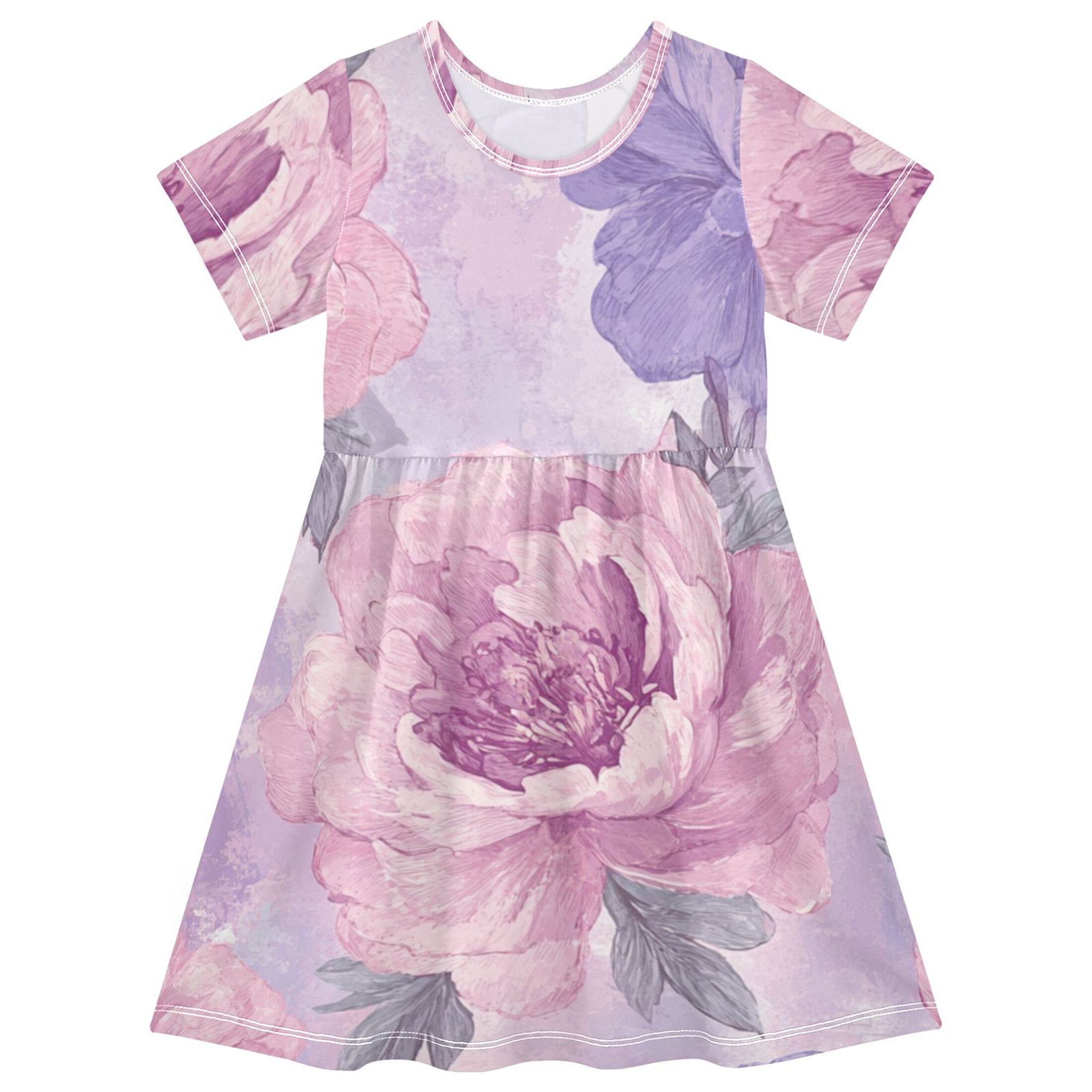 Pink and Lilac Peony Flowers Girls' Short Sleeve Dress A-Line One-Piece ...