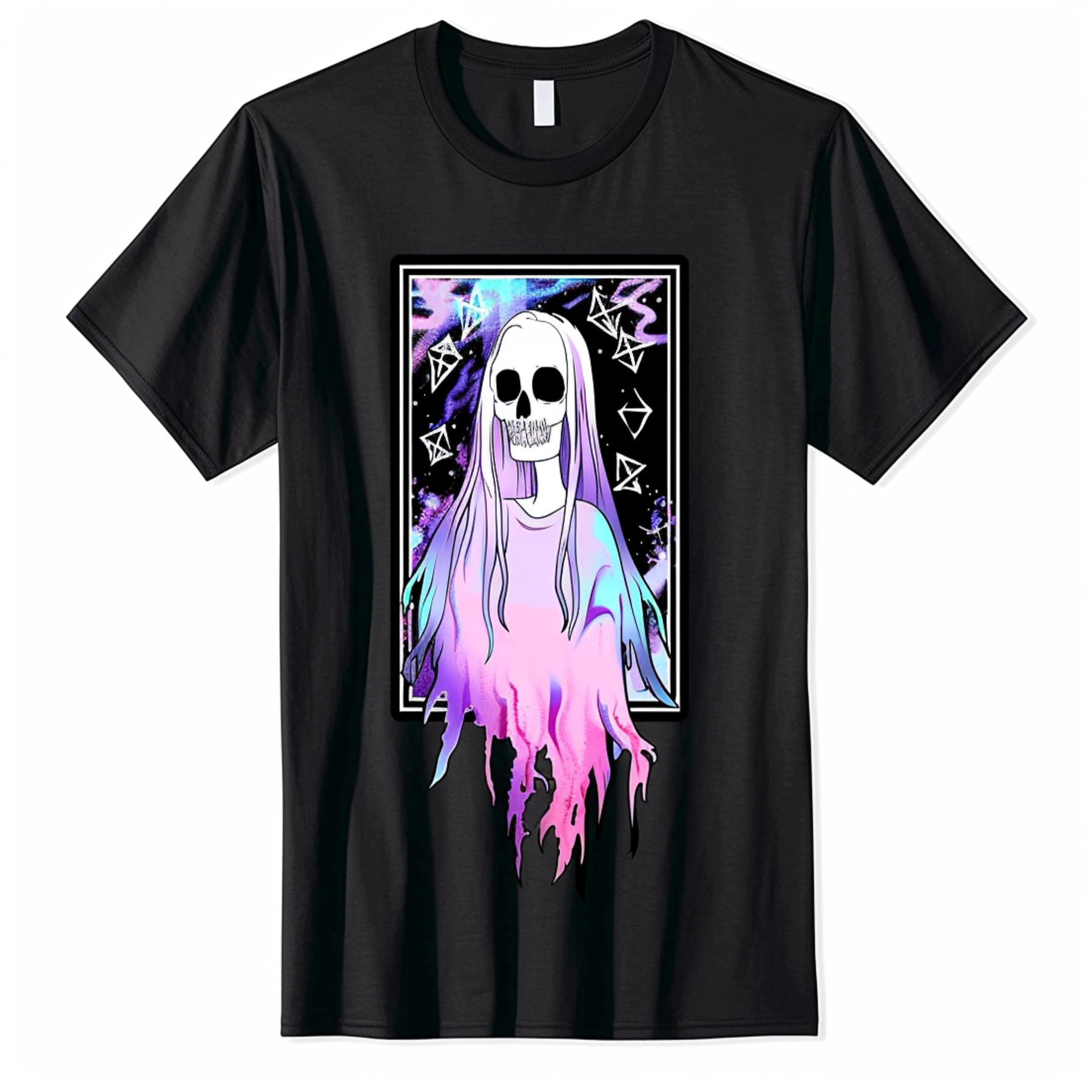 Pink and Purple Ghost Card Art Pastel Design on Black Tee with ...