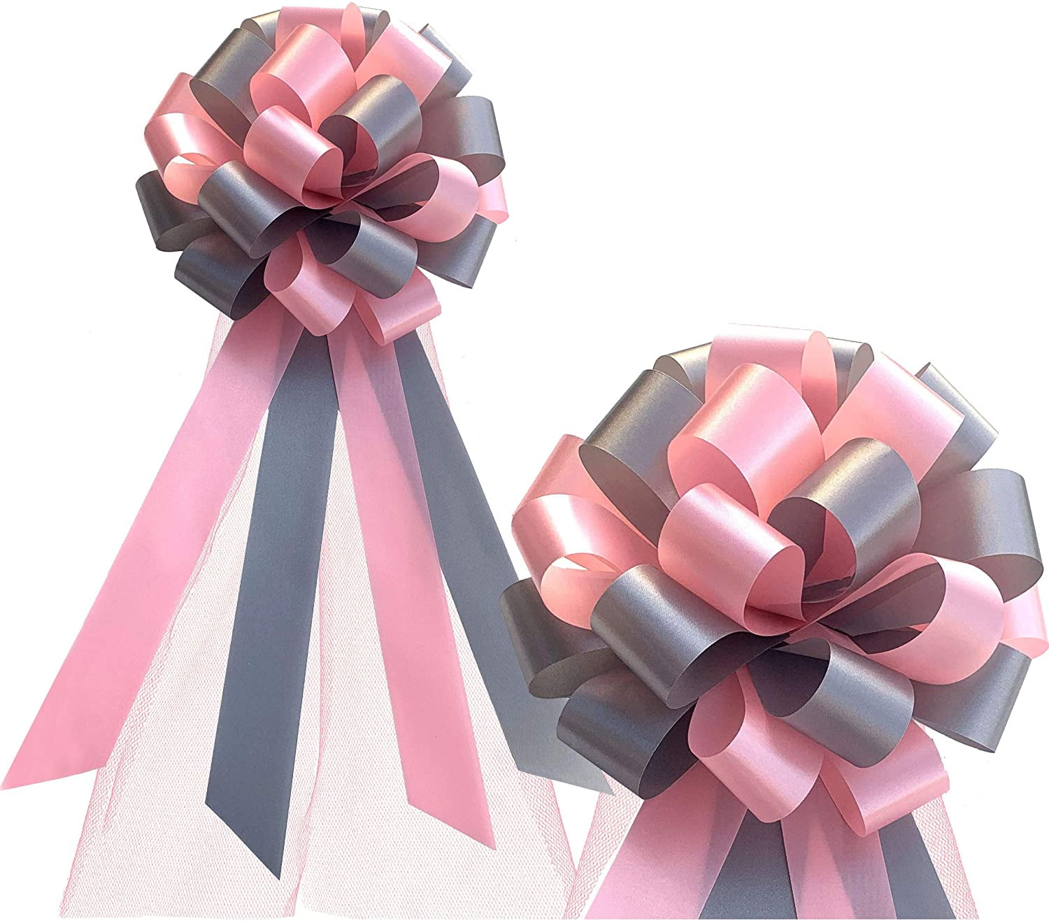 Pink and Silver Pull Bows with Tulle Tails - 8" Wide, Set of 6, Wedding ...