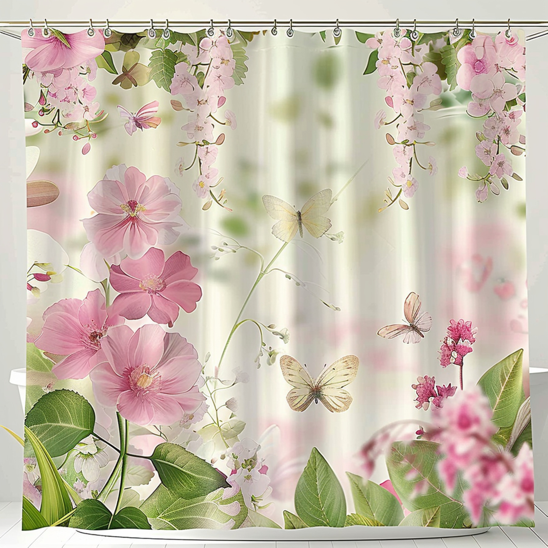 Pink and White Butterfly Flower Garden Bathroom Curtain Printing Style ...