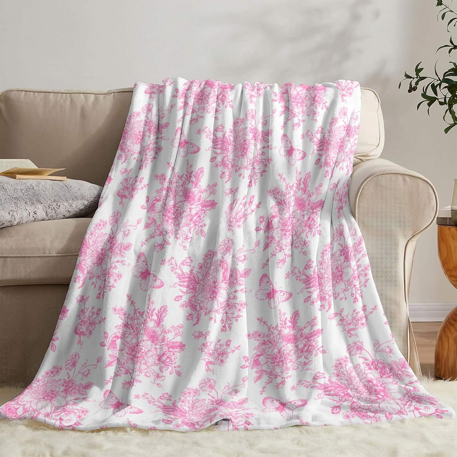 Pink and White Floral Throw Blanket, Fuzzy Soft Cozy Flannel Blanket ...