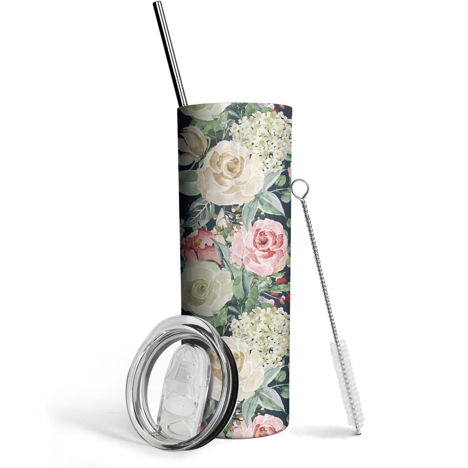 Pink and White Gouache Floral Pattern Skinny Tumbler 20oz - Double Wall ...