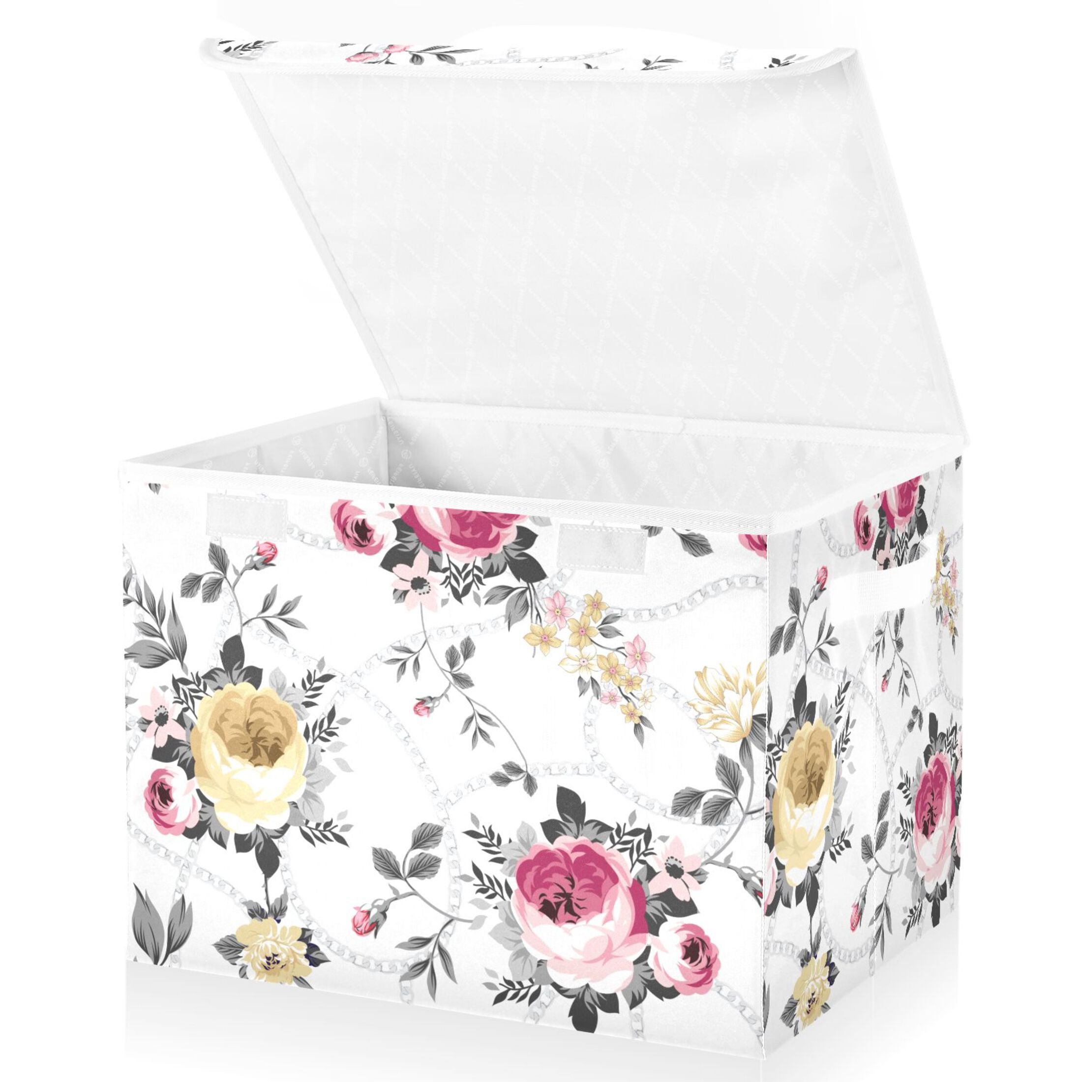 Pink and Yellow Roses Flowers Large Lidded Bin Foldable Storage Baskets ...