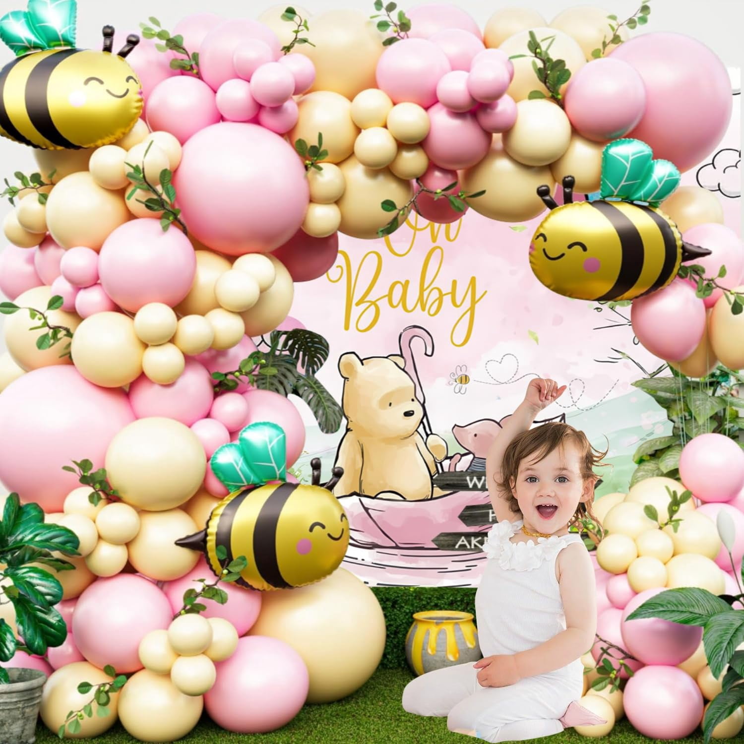 Pink and Yellow Winnie STF9 Balloon Arch with Backdrop For Pooh Baby ...