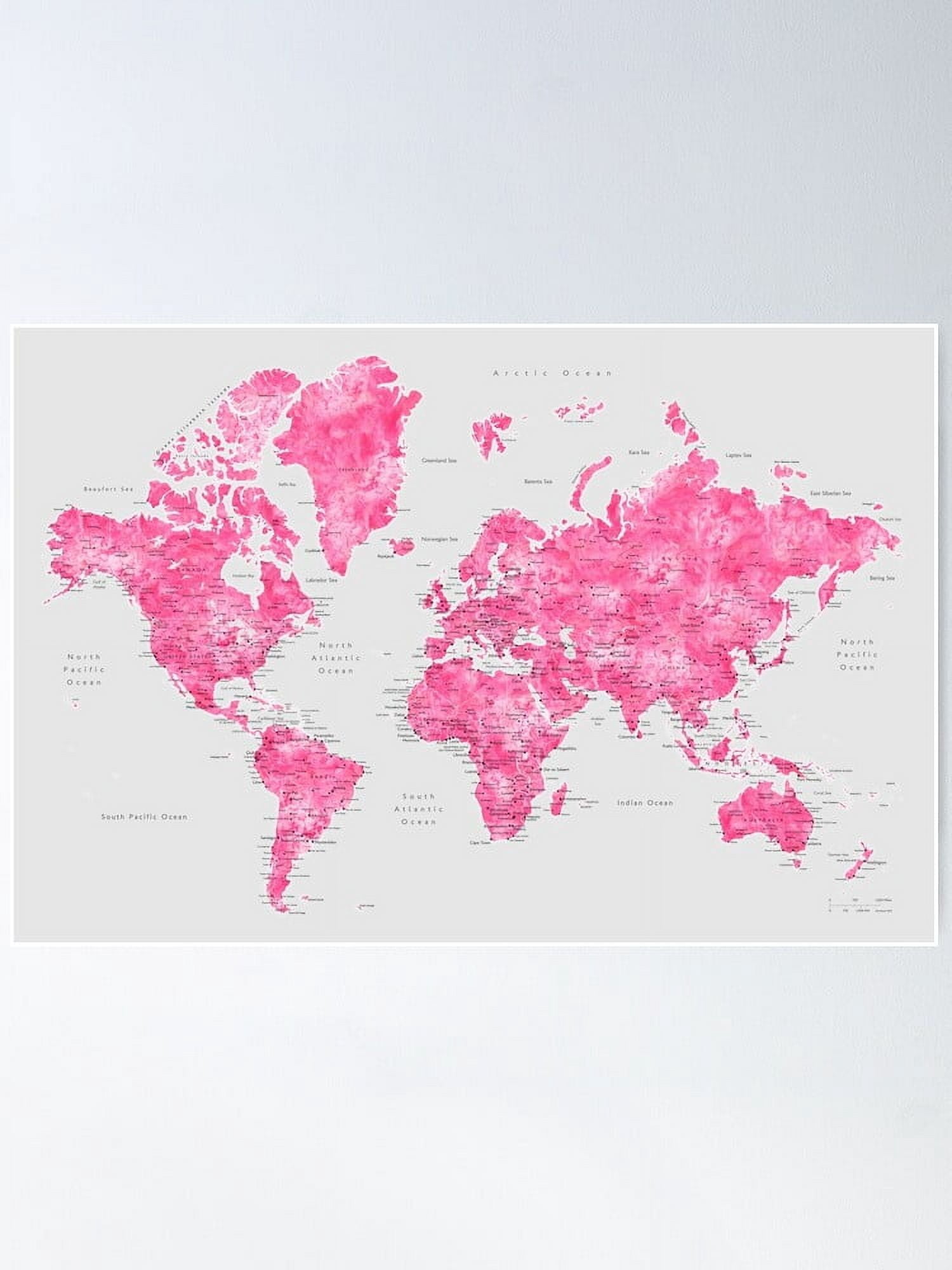 Pink and grey watercolor world map Poster - Walmart.com