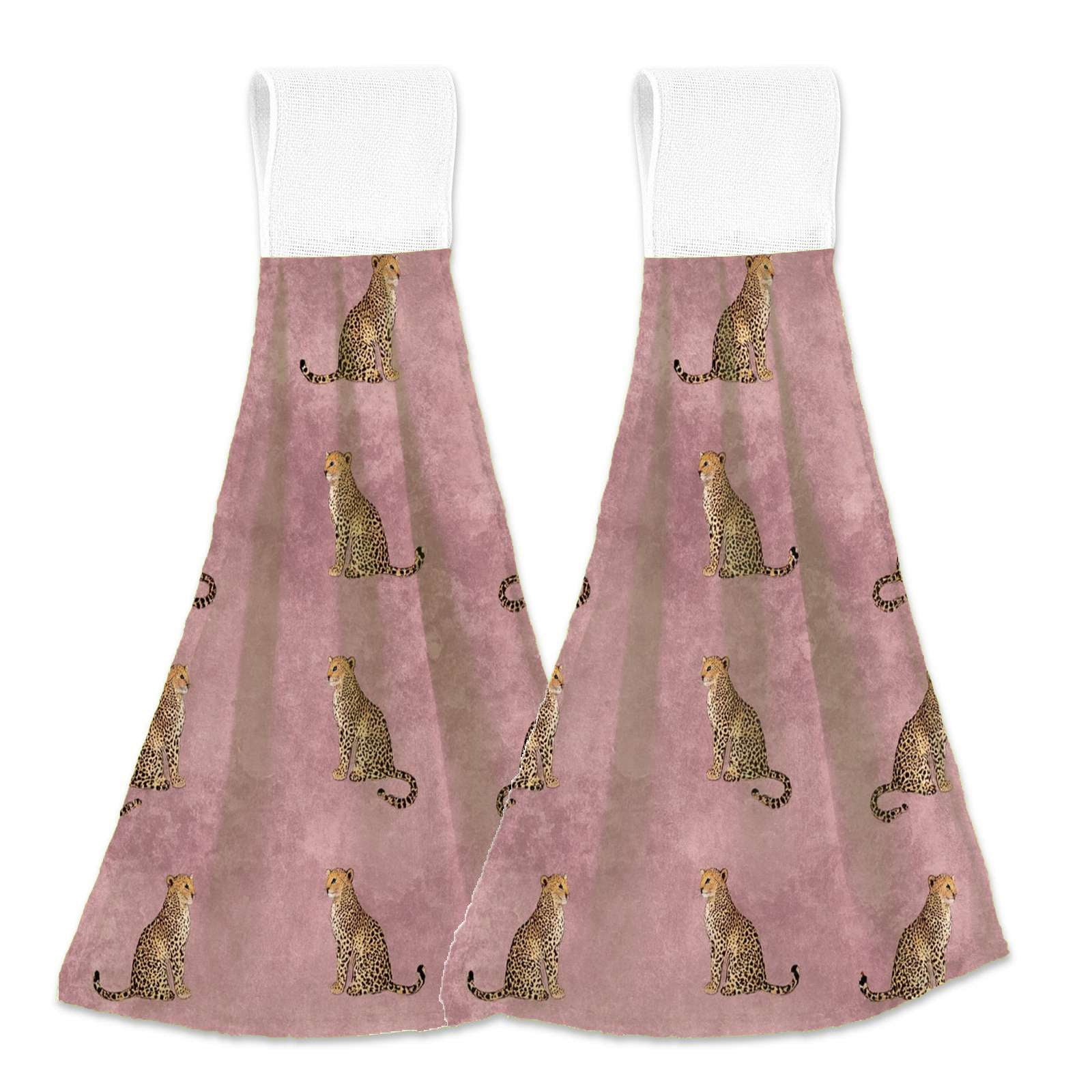 Pink background cheetah repeat pattern Hanging Kitchen Hand Towels Sets ...