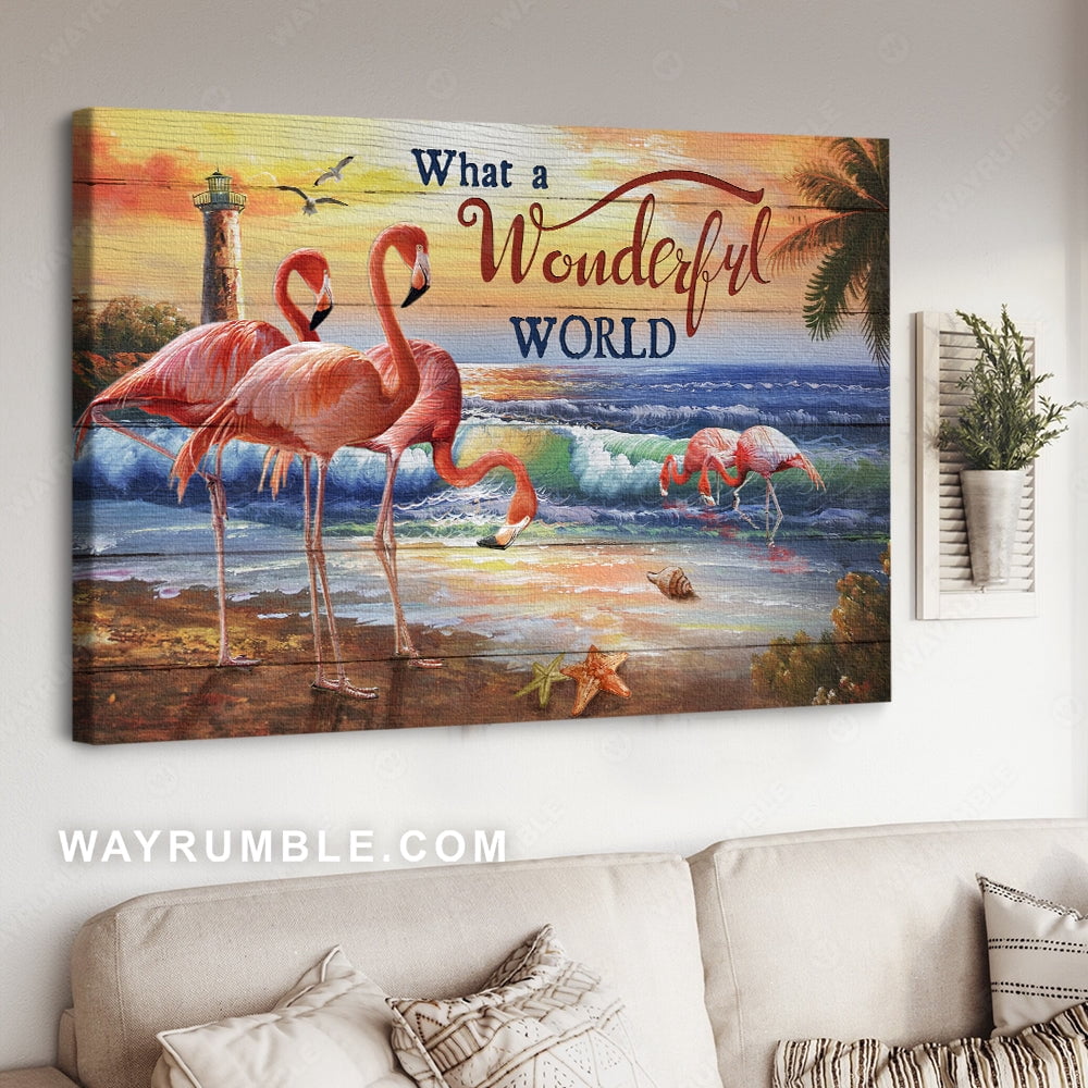 Pink flamingo, Colorful sunset, Ocean drawing, What a wonderful world ...