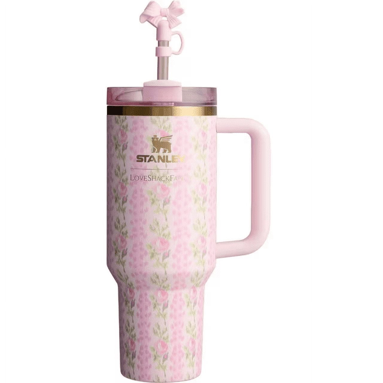 Pink flower cup, 40 ounce stainless steel thermos with handle straw ...