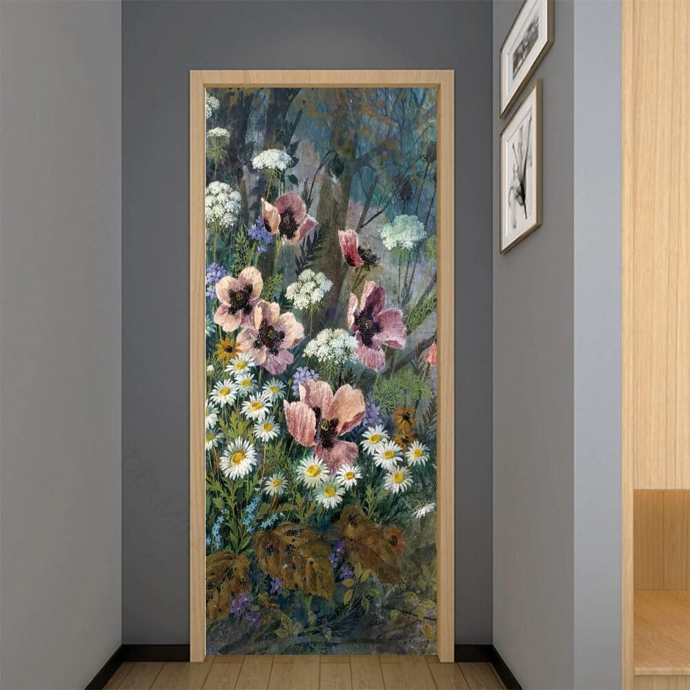 Pink flower door sticker Vintage oil painting self-adhesive wallpaper ...