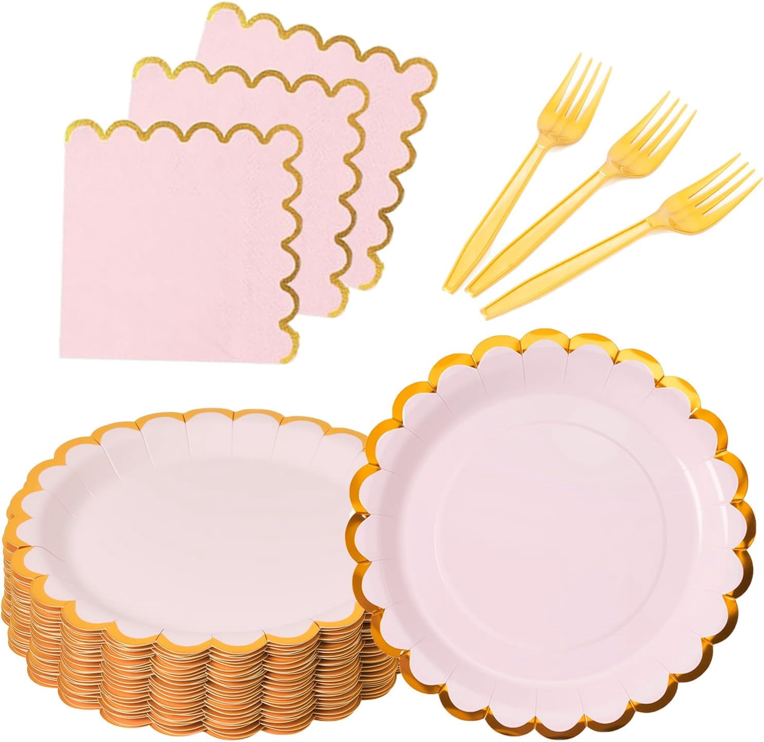 Pink & gold scalloped party plates with napkins and fork gold foil ...