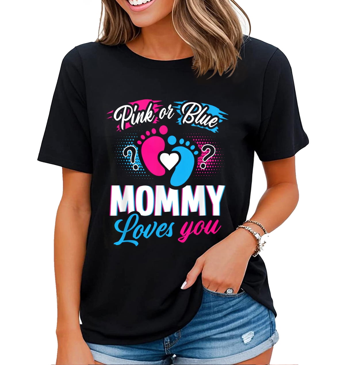 Pink or Blue Mommy Loves You Baby Gender Reveal Party T-Shirt Black ...