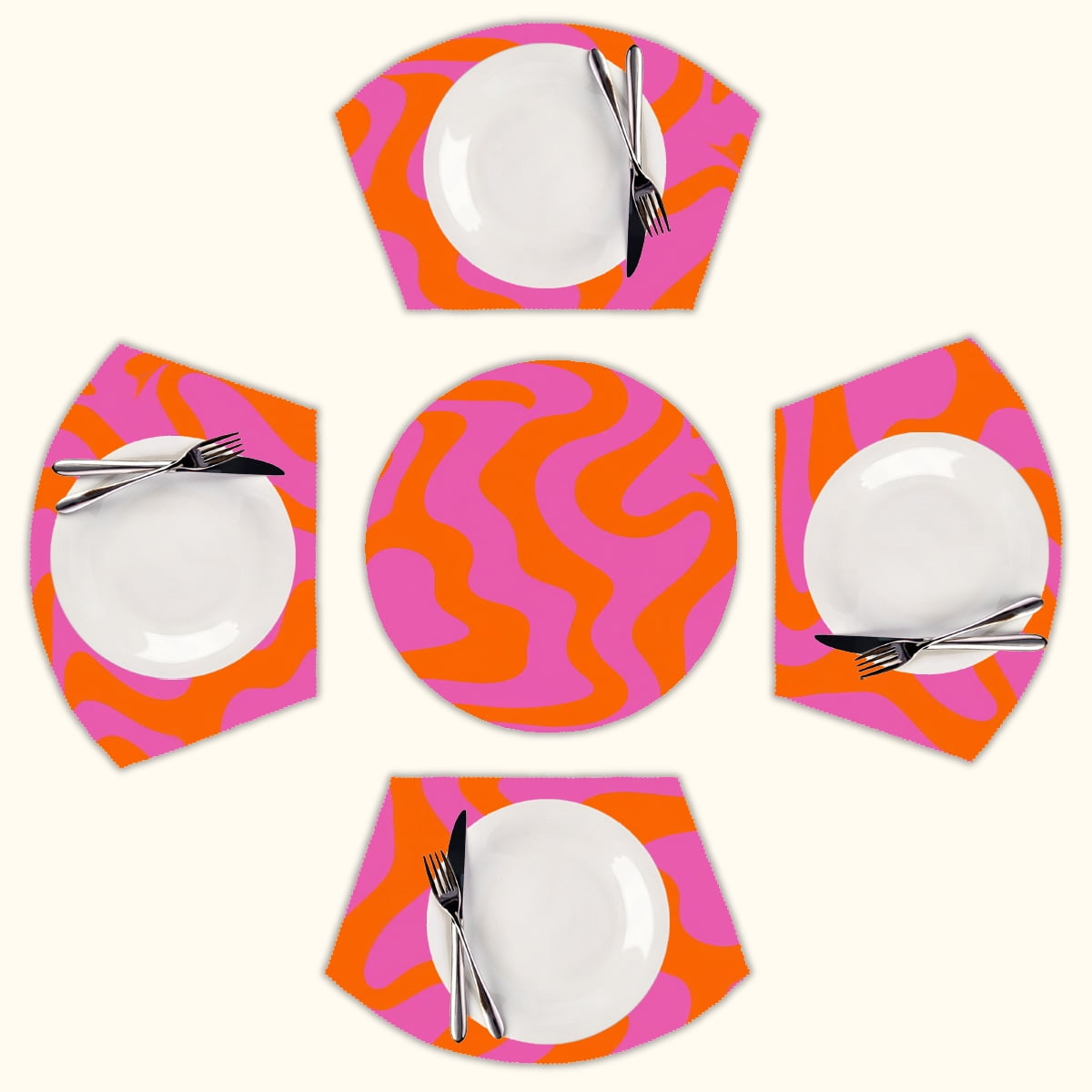 Pink orange wavy abstract pattern Round Table Placemats Set Of 5 Wedge Table Mats Washable Heat ...