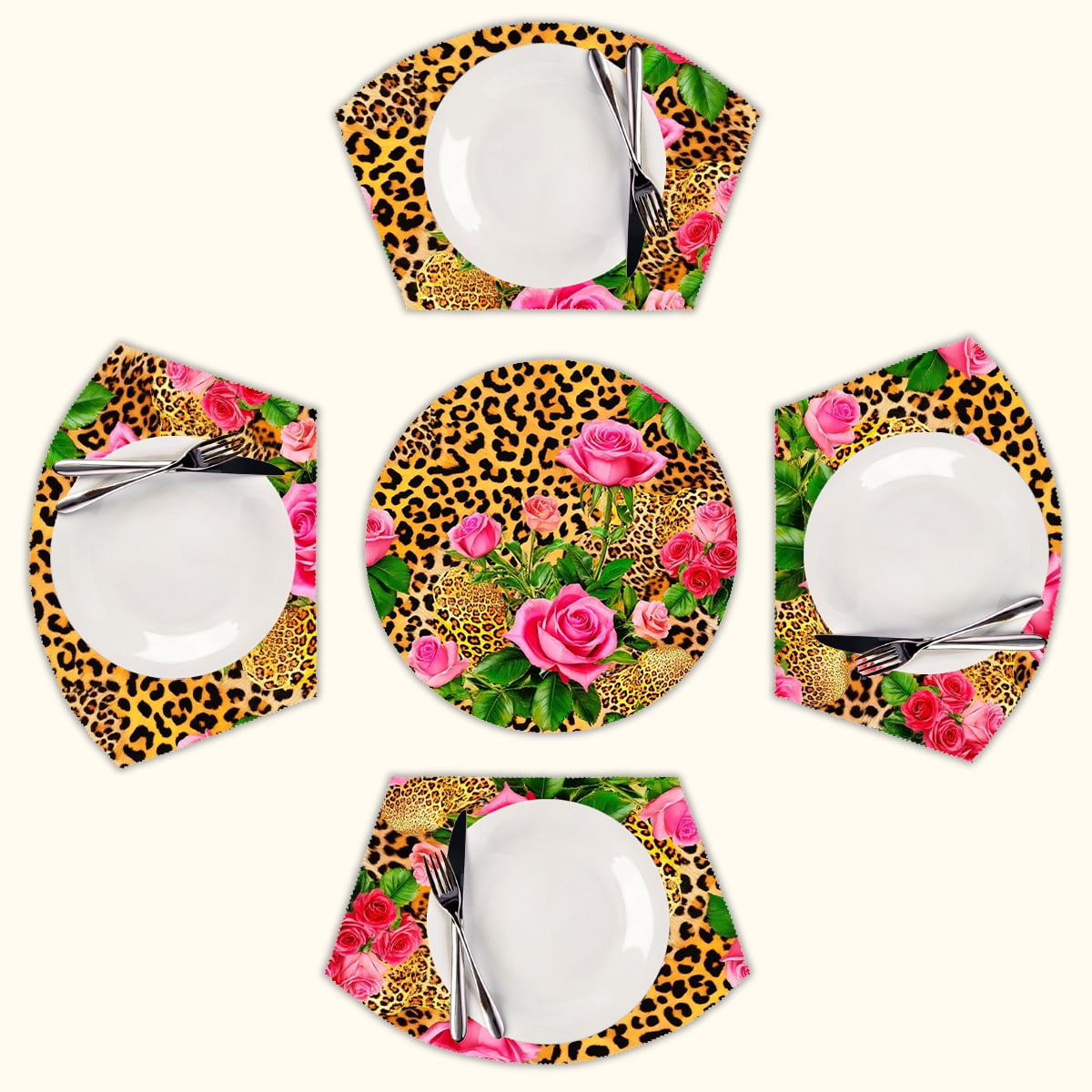 Pink roses leopard print fabric Round Table Placemats Set Of 5 Wedge ...