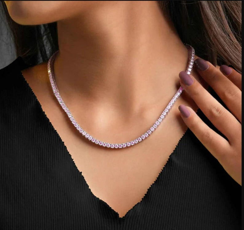 Pink sapphire tennis necklace 925 Silver Lab created pink sapphire ...