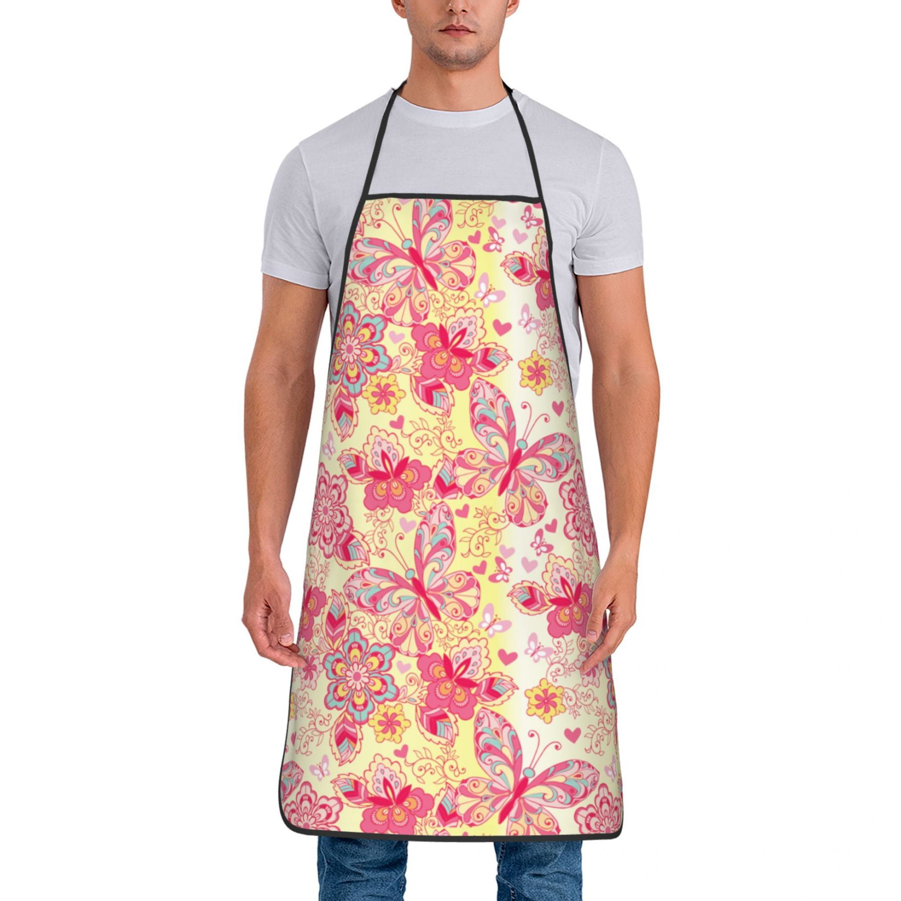 Pink seamless pattern of butterflies and flowers Aprons for Women Men ...