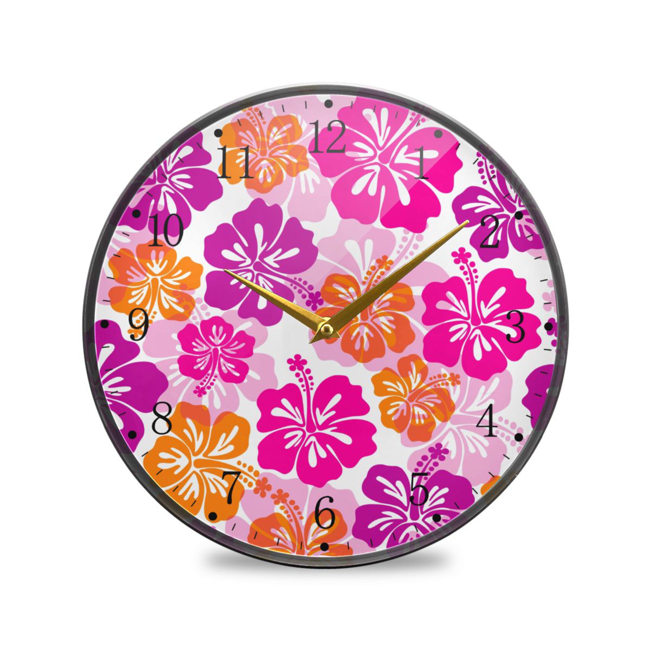 Pink with Hibiscus Acrylic Wall Clocks Quiet Round Clock Battery ...