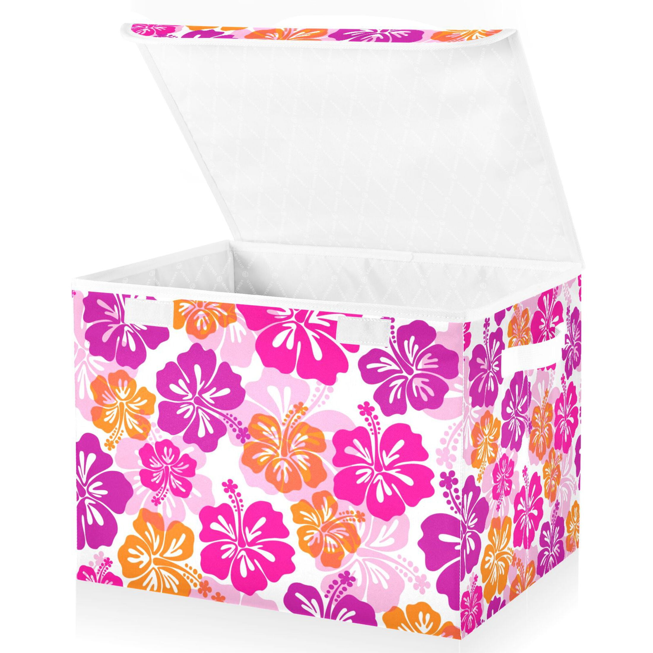 Pink with Hibiscus Large Lidded Storage Bin Foldable Storage Boxes ...